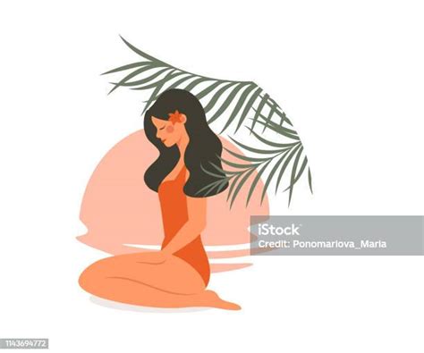 야자수 잎 아래 석양에 열 대 해변에 앉아 빨간 수영복에 젊은 여자 비키니에 대한 스톡 벡터 아트 및 기타 이미지 비키니