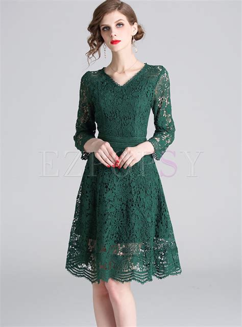 Dresses Skater Dresses Stylish Lace Solid Color Hollow Out A Line Dress