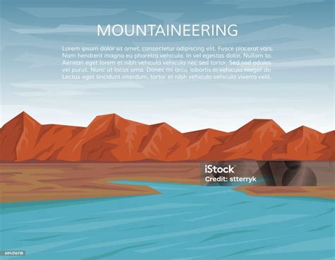 호수와 산 배경입니다 등산 그리고 여행 하이킹 모험 개념입니다 등반 트레킹 또는 야외 휴가 배너입니다 벡터 일러스트입니다 0명에 대한 스톡 벡터 아트 및 기타 이미지