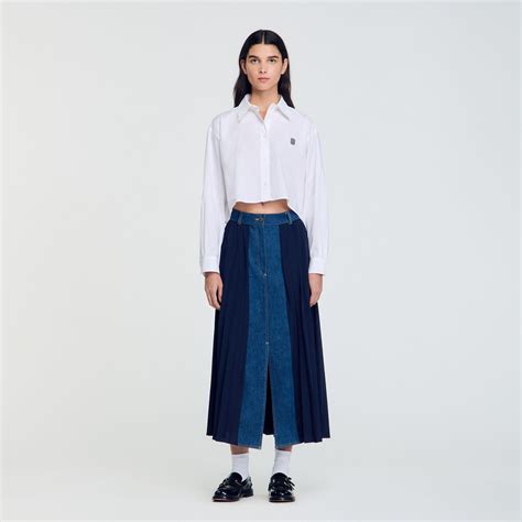 Dual Material Denim Pleated Skirt Blue For Women Sandro Paris