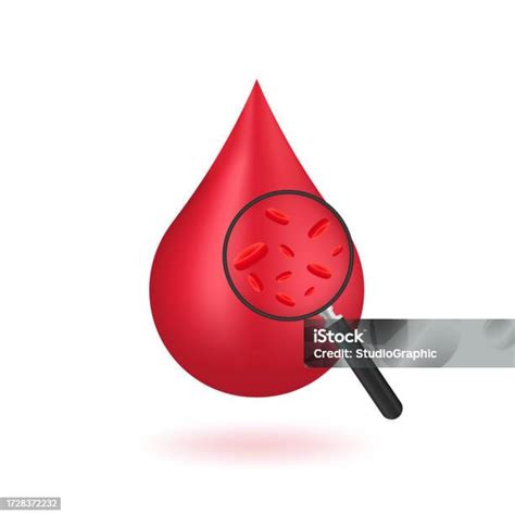 하얀 배경에 분리된 붉은 반짝이는 핏방울 혈액 한 방울과 돋보기에 적혈구가 있는 혈액학 개념 기증 Dna 검사 질병 혈액 검사 벡터 그림 3차원 형태에 대한 스톡 벡터 아트
