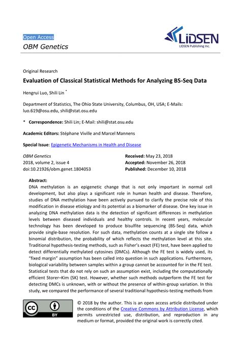 Pdf Evaluation Of Classical Statistical Methods For Analyzing Bs Seq Data