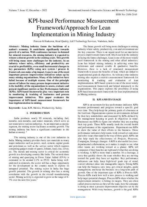 Pdf Kpi Based Performance Measurement Framework Approach For Lean Implementation In Mining