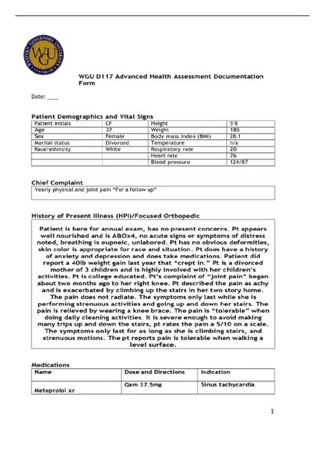 Wgu D117 Advanced Health Assessment Documentation Formlatest 2025