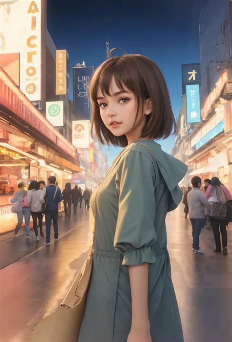 녹색 드레스를 입은 여자가 도시 거리에 서 있다 Seaart Ai