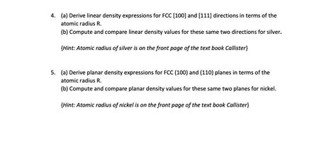 Solved 4 A Derive Linear Density Expressions For FCC Chegg