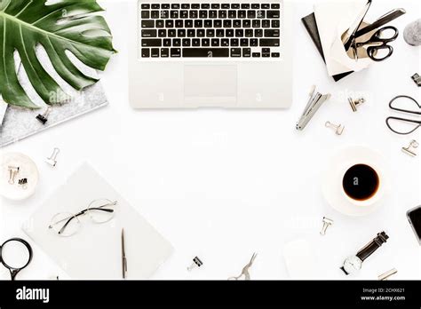 Home Office Workspace Mockup With Laptop Tropical Leaves Monstera