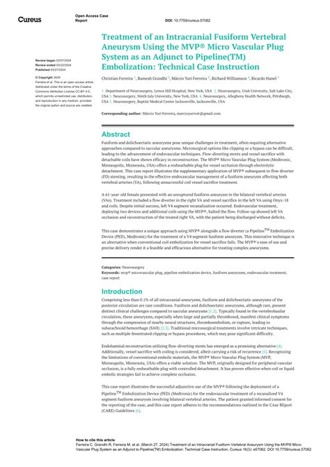 Pdf Treatment Of An Intracranial Fusiform Vertebral Aneurysm Using The Mvp® Micro Vascular