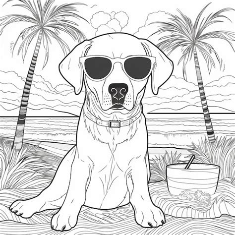 Una página para colorear de un perro con gafas de sol sentado en la