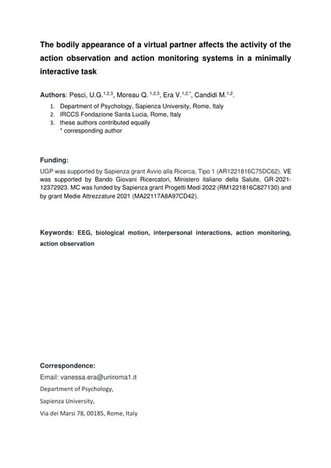 Pdf The Bodily Appearance Of A Virtual Partner Affects The Activity Of The Action Observation