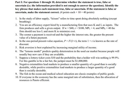 Solved Part I For Questions 1 Through 10 Determine Whether Chegg Com