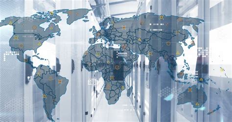 Animation Of Circuit Board Pattern On Map Over Moving Bars On Server
