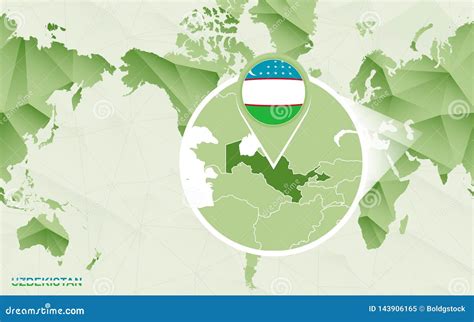 America Centric World Map With Magnified Uzbekistan Map Stock Vector