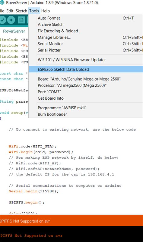 SPIFFS Not Supported On Avr Issue 1 Jaycar Electronics WiFi Rover