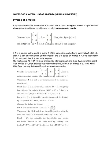 Solution Inverse Of A Matrix Linear Algebra Problems And Notes