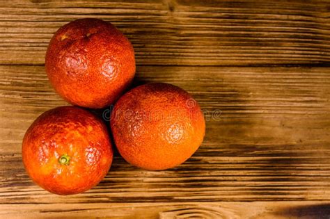 Three Sicilian Oranges On A Wooden Table Top View Stock Image Image Of Refreshment Fresh