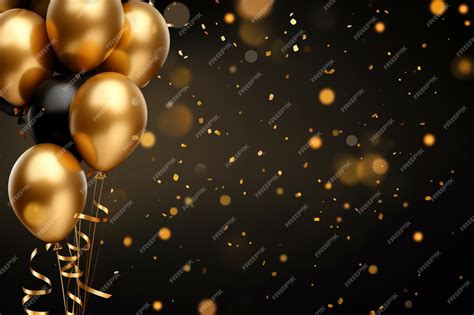 색종이 조각과 금색 풍선이 있는 축하 배경 프리미엄 사진