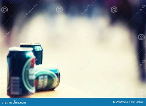 Space Blurred Background And Cans Of Beer Closeup Outdoor At A Music