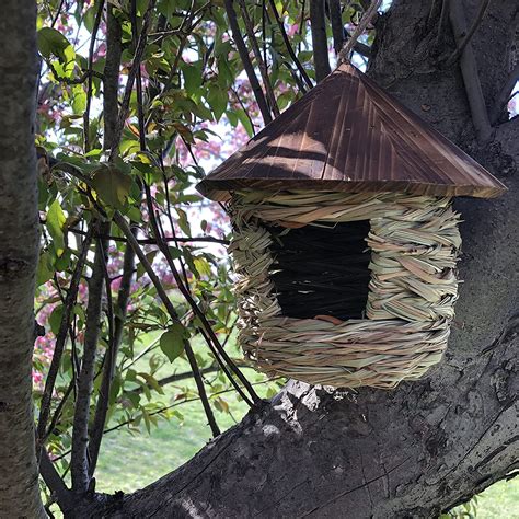 Large Hanging Grass Twine Roosting Pocket With Roof Set Of 2
