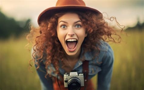 Premium Photo Woman Wearing Hat And Holding Camera