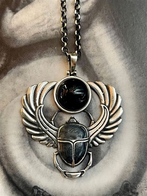 Scarab Onyx Necklace Sterling Silver Ancient Egyptian Beetle Amulet