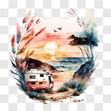 Download Camperbusje Op Het Strand Bij Zonsondergang Met Vliegende