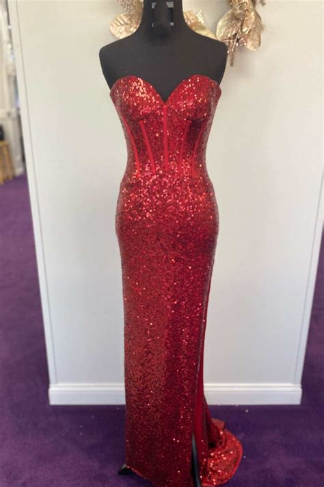 Mermaid Red Sequin Strapless Long Prom Dress With Slit Dreamdressy