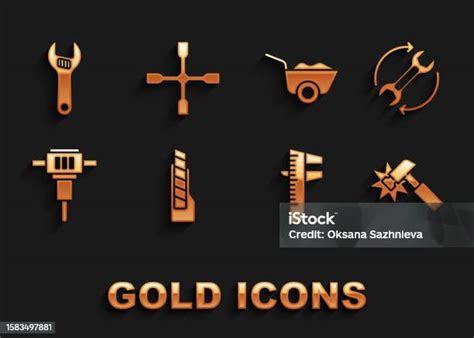 편지지 칼 렌치 및 화살표를 워크플로 망치 캘리퍼 캘리퍼 스케일 건설 착암기 수레 조정 가능한 렌치 및 아이콘으로 설정합니다 벡터 갈고리 발톱에 대한 스톡 벡터 아트 및