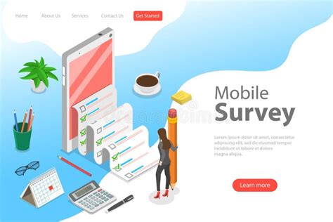 Flat Isometric Vector Landing Page Template Of Mobile Survey Customer Review Stock Vector