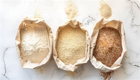 Various Wheat Cereal Flours In Bakery Bags Texture Of Four Wheats In