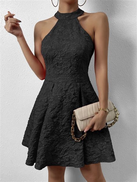 Jacquard Halter Neck Fold Pleated Detail Dress Shein Usa