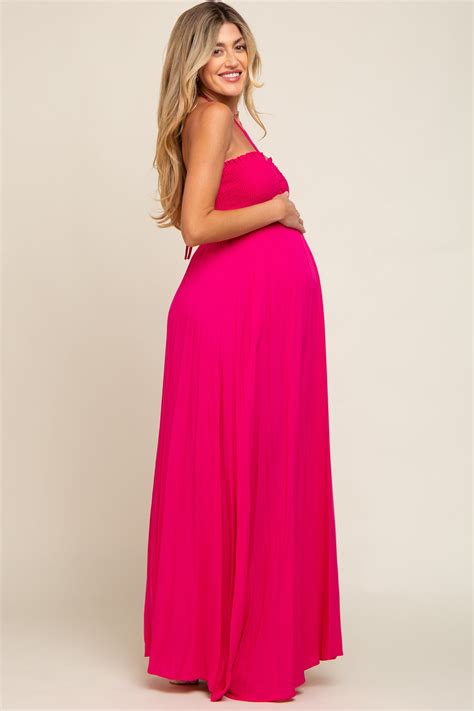 Fuchsia Smocked Halter Maternity Maxi Dress Pinkblush