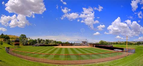 Manicured Mowed Grass On Baseball Field Diamond With Blue Sky And