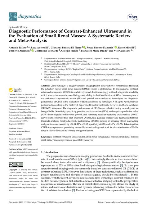 Pdf Diagnostic Performance Of Contrast Enhanced Ultrasound In The Evaluation Of Small Renal
