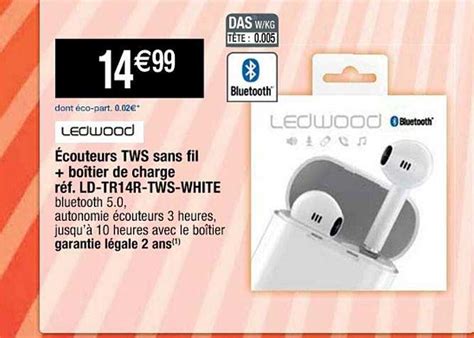 Promo écouteurs Tws Sans Fil Boîtier De Charge Ledwood chez Cora