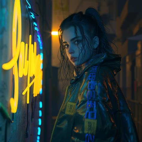 Rendering Of A Cyberpunk Girl In A Stylish Jacket Premium Ai