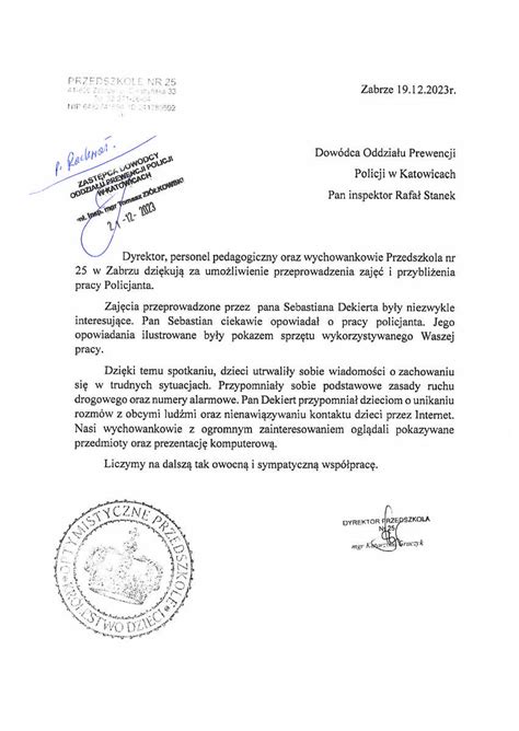 Podziękowania za wizytę policjanta OPP w Katowicach w zabrzańskim