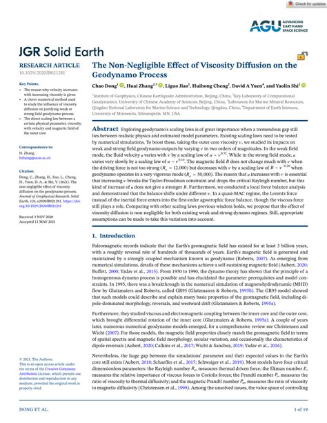 Pdf The Non‐negligible Effect Of Viscosity Diffusion On The Geodynamo