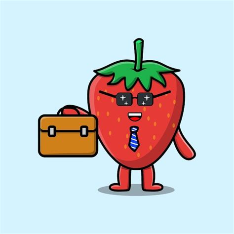 가방 일러스트를 들고 귀여운 만화 딸기 사업가 캐릭터 프리미엄 벡터
