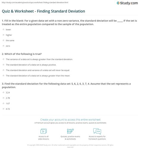 Quiz And Worksheet Finding Standard Deviation