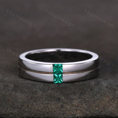 Mens Green Emerald Wedding Band Princess Cut Double Green Emeralds