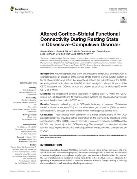 Pdf Altered Corticostriatal Functional Connectivity During Resting State In Obsessive