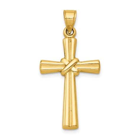 14k Yellow Gold Hollow Tapered Cross Pendant With Wrapped Center 1in K6163