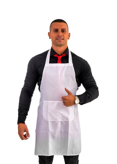 Attractive Chef Or Waiter Wearing White Apron Isolated On White Stock