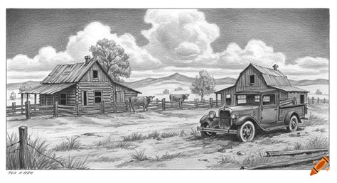 Pencil Sketch Of An Old Ranch With Rustic Buildings Cows And A