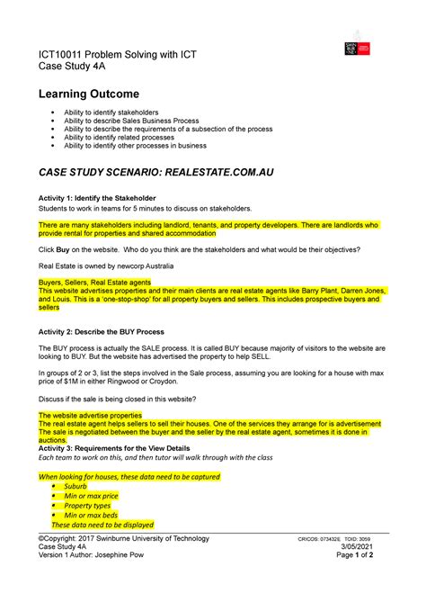 ICT10011 Case Study 4A V1 ICT10011 Problem Solving With ICT Case
