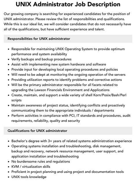 Unix Administrator Job Description Velvet Jobs