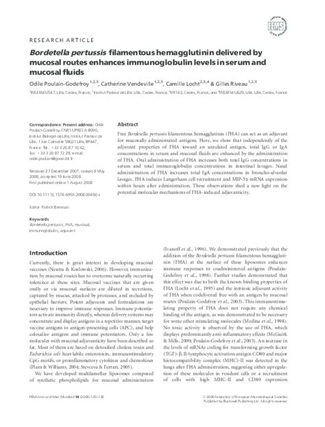 Pdf Bordetella Pertussis Filamentous Hemagglutinin Delivered By