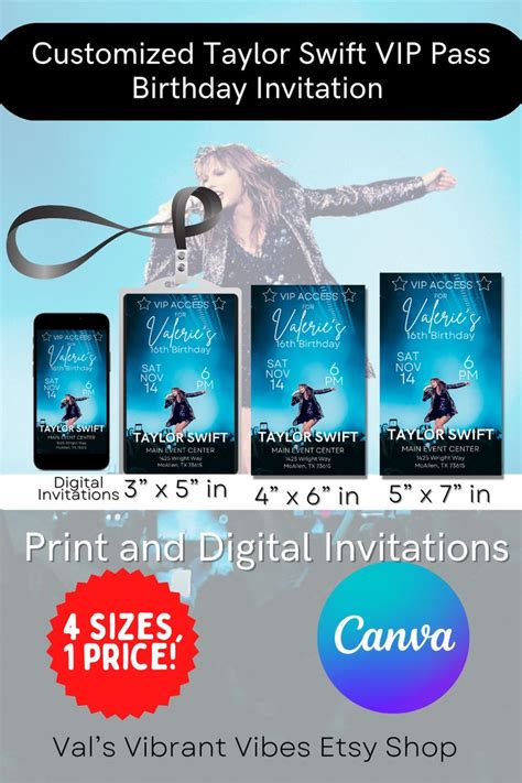 Taylor Swift Vip Pass Birthday Invitation 4 Sizes 1 Price Canva