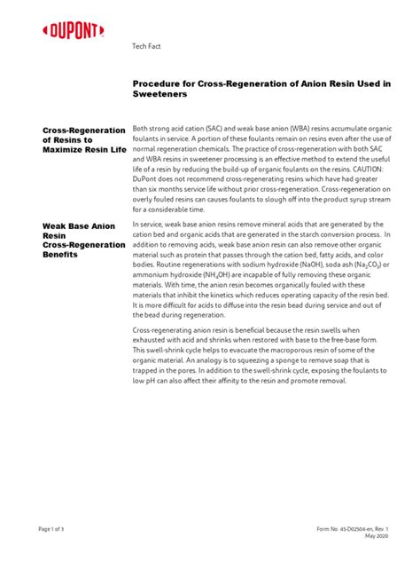 Ier Amberlite Procedure Cross Regeneration Anion Resin Sweeteners Techfact 45 D02504 En Pdf